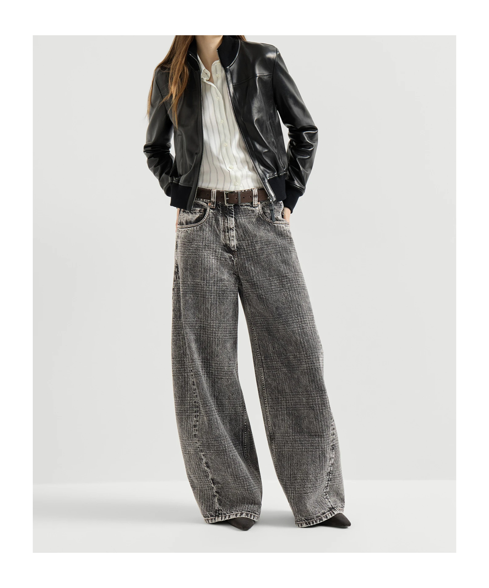 BRUNELLO CUCINELLI Brunello Cucinelli Prince of Wales Denim Wide Leg Trousers with Monili